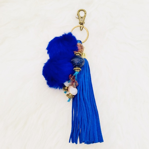 Accessories | Sapphire Pom Pom Beaded Bag Charmkey Fob | Poshmark